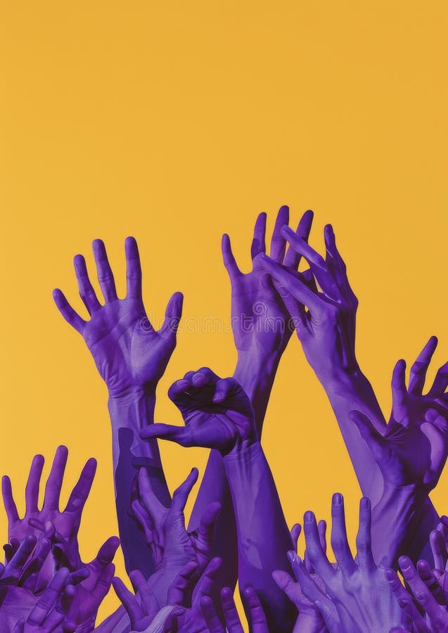 Purple Hands Reaching Out Against Vibrant Yellow Background Expressing ...