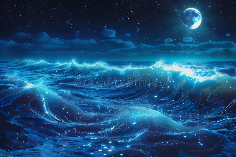 Moonlit Ocean and Flooded Waterscape at Night Stock Illustration ...