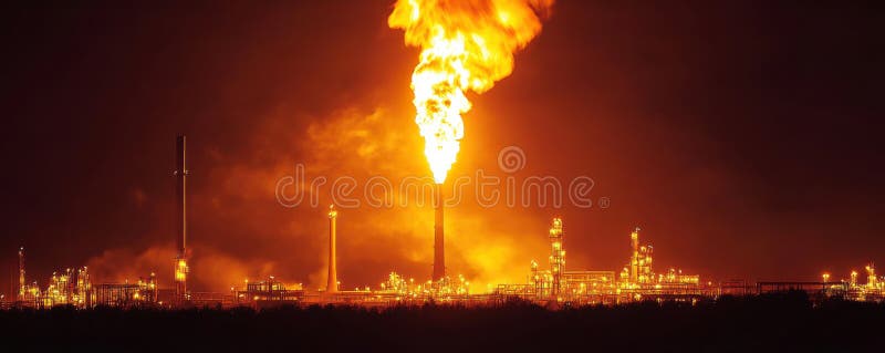 Dramatic Night View of an Oil Refinery with a Large Flare Stack ...