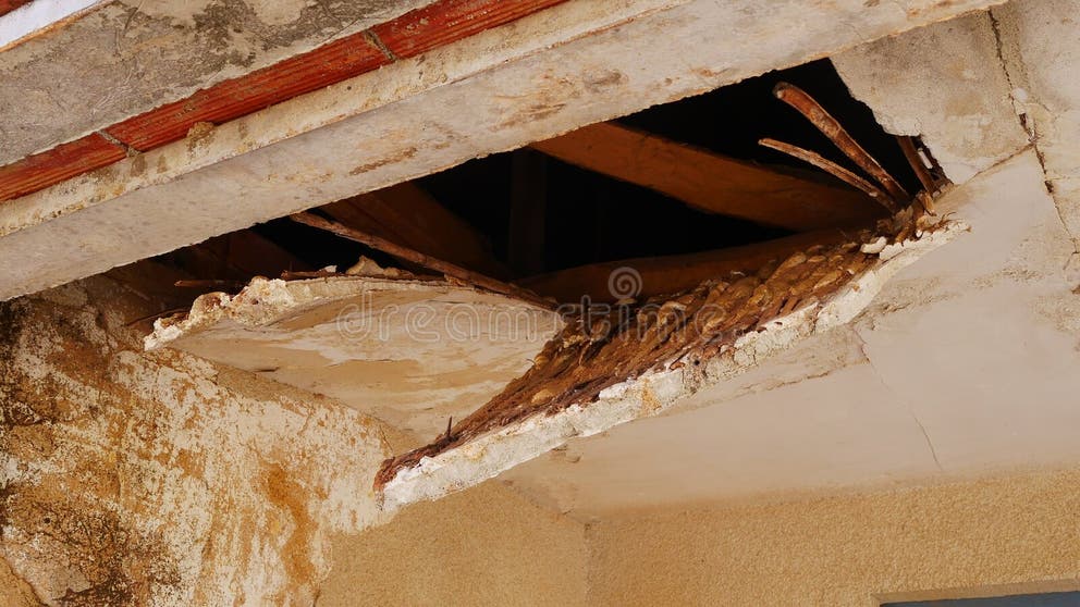 Partially Collapsed Ceiling with Cracks and Structural Damage Stock ...