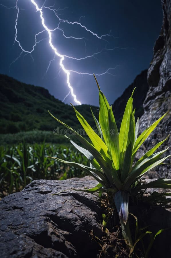 Dramatic Night Lightning Strike Over Lush Green Plant Stock ...