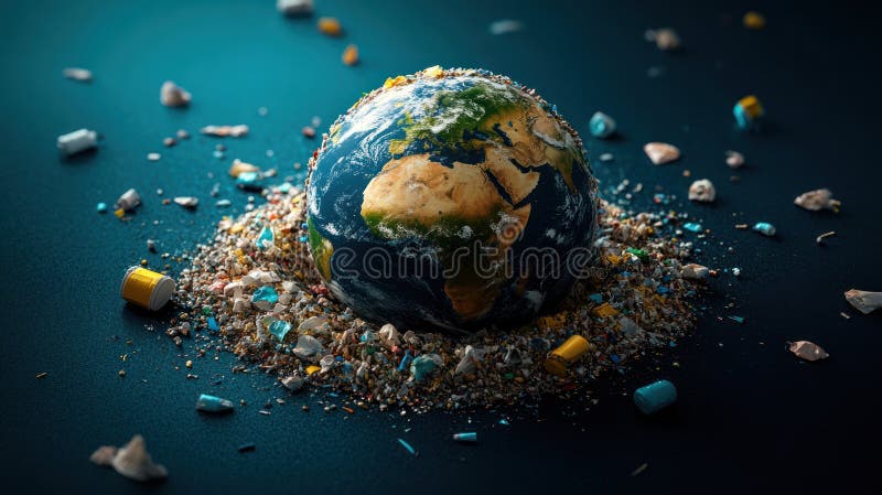Ecological Crisis: Planet Earth Overwhelmed by Trash on Blue Background ...