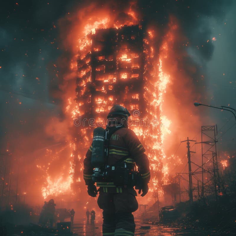 A Firefighter Stands Bravely in Front of a Burning Building. the Scene ...
