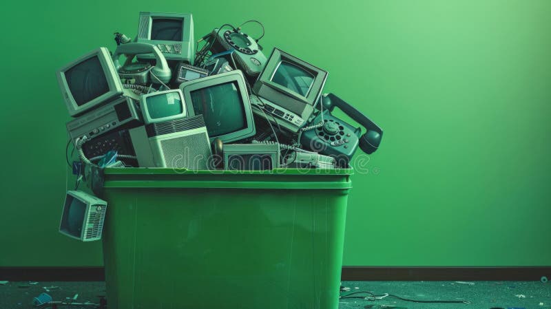 A Vibrant Green Dumpster Overflowing with Old Computer Monitors ...