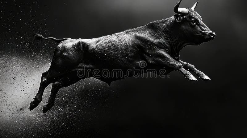 Majestic Black Bull Leaping in a Dramatic Monochrome Scene Stock ...