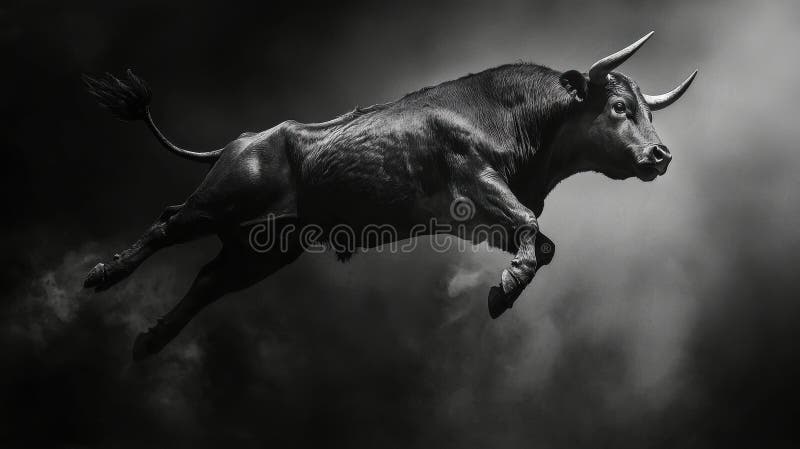 Powerful Bull in Midair Against Dramatic Dark Background Stock ...