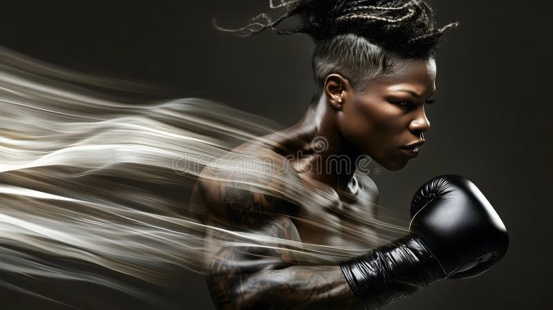 Powerful Female Boxer with Tattoos Delivering a Punch in Dynamic Motion ...