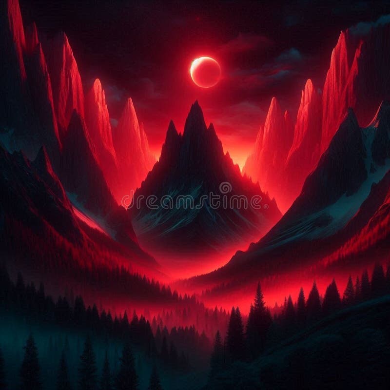 Infernal Mountains: Red Tones and a Crescent Moon Scene Stock ...