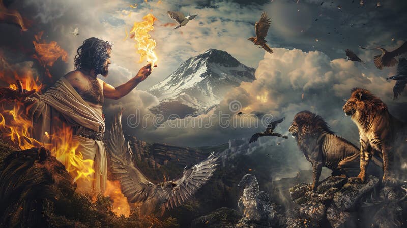 Striking Image of Prometheus with Flame and Mount Olympus, Symbolizing ...
