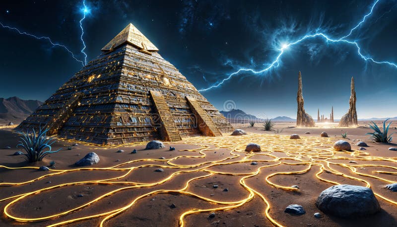 Futuristic Pyramid with Lightning in Desert Landscape Stock ...