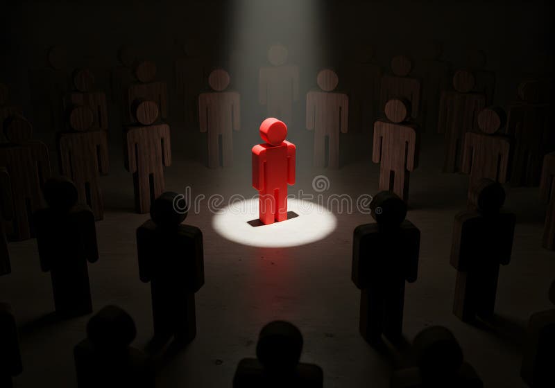 Red Figure Spotlight Leadership Concept Standing Out from the Crowd ...