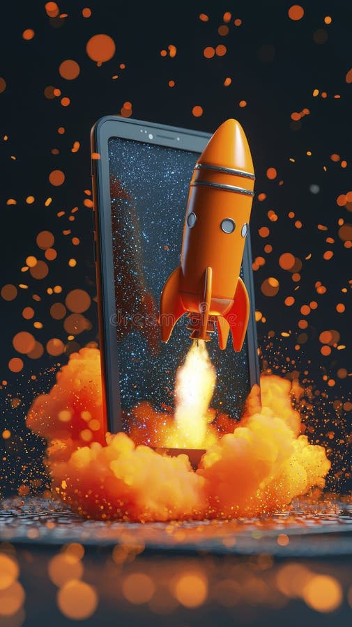 Rocket Ship Taking Off from Smartphone on Fire Stock Illustration ...