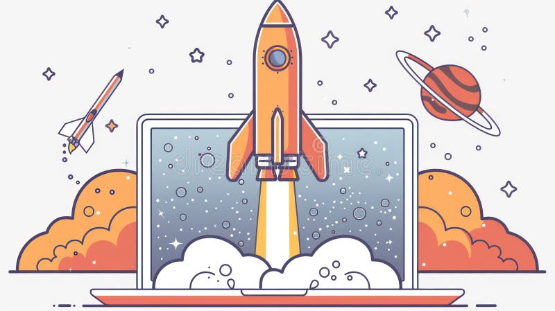 Digital Launch: Rocket Soars from Laptop Screen Stock Illustration ...