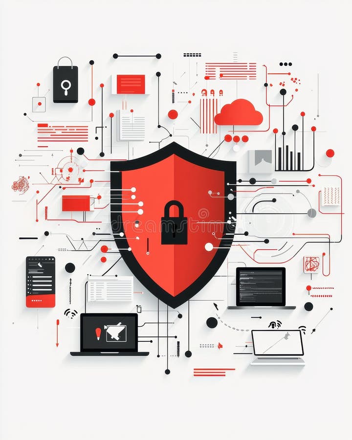 A Bright Red Shield Surrounded by Icons Symbolizing Cybersecurity, Data ...