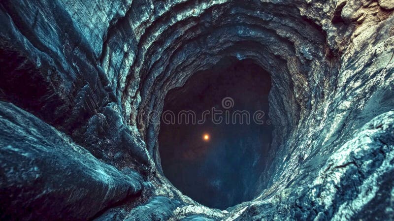 A Deep, Dark Cave with Rugged Walls and a Faint Light at the Bottom ...