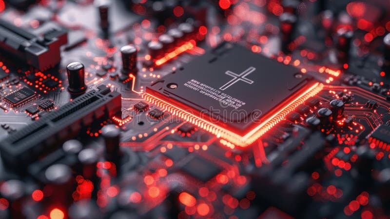 Faith-Powered Technology: Close-Up of GPU with Cross on Circuit Stock ...