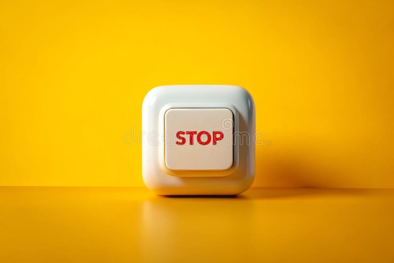 Modern Stop Push Button on a White Cube with a Safety-Alerting Yellow ...