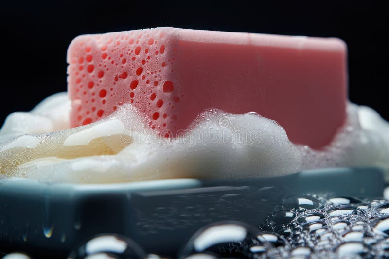 Red Sponge in Soap Foam with Bubbles on Black Background Stock ...