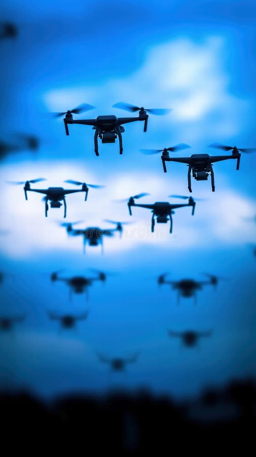 Digital Drone Swarm Forming in the Sky Against a Blue Cloudy Background ...