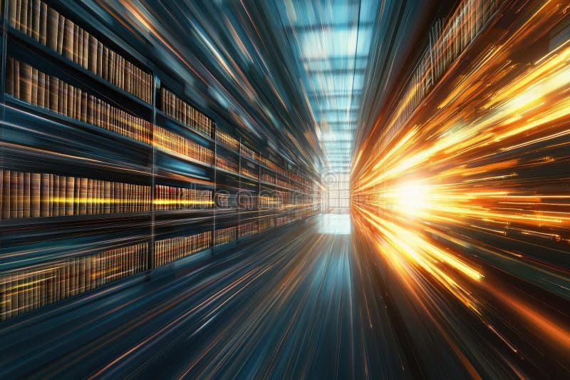 Dynamic Perspective of Modern Library with Light Burst Effect and Rows ...