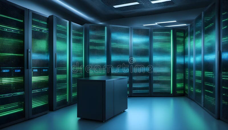 A Striking Image Showcasing a Server Rack Bathed in Soft Blue and Green ...