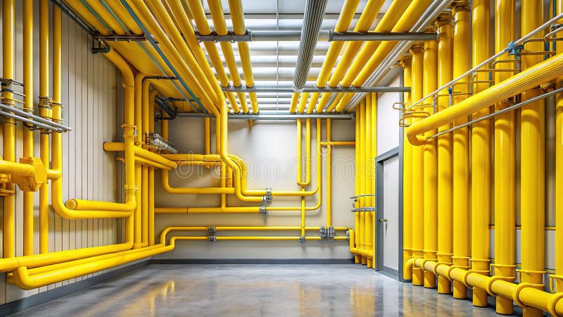 Vibrant Yellow Plumbing Pipes Stand Out Against a Modern Architectural ...