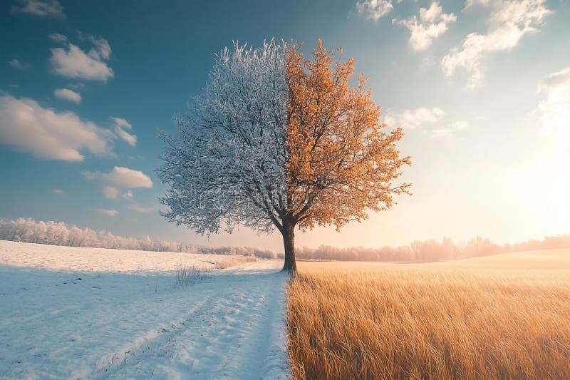 A Single Tree Splits into Winter and Summer Contrasting a Snowy Field ...