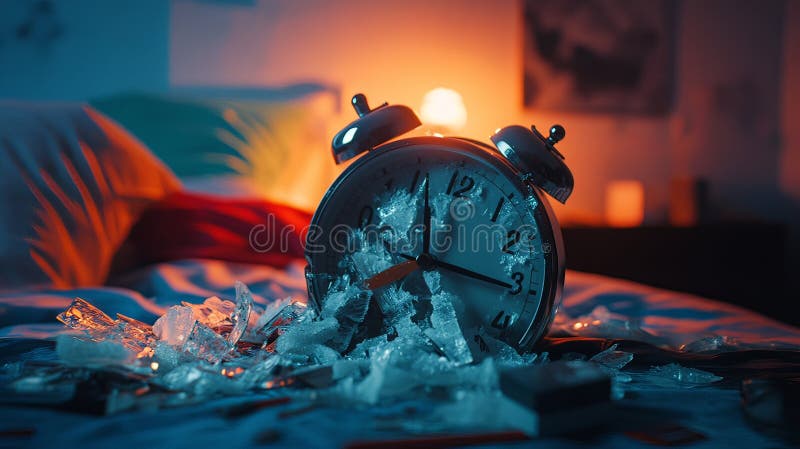 A Shattered Alarm Clock Lies on a Messy Bed. the Image Represents Chaos ...