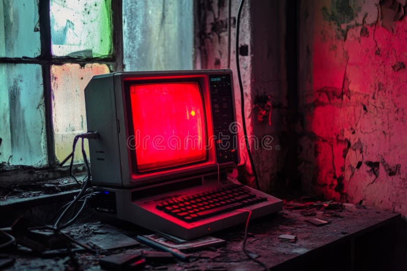 A Retro Computer Sits in a Dimly Lit Room. the Screen Glows Red ...
