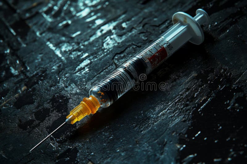 A Detailed Close-up of a Syringe with Yellow Needle on a Dark Surface ...