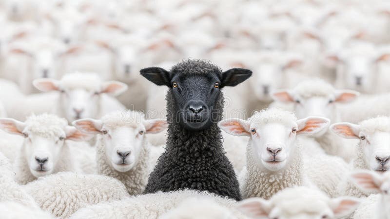 One Black Sheep Standing Out among a Crowd of White Sheep Unique Different Individuality Concept ...