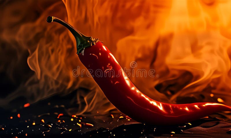 Fiery Red Chili Pepper Surrounded by Flames and Spices Stock Photo ...