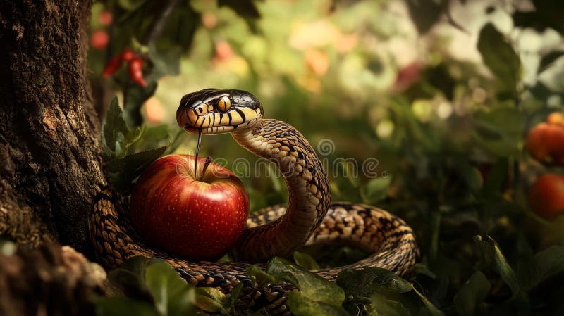 A Striking Image of a Snake Coiled Around a Shiny Apple in a Lush ...