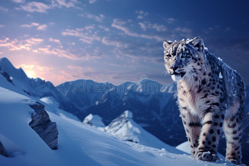 An Elusive Snow Leopard Navigating through a Snowy Mountainscape Under ...
