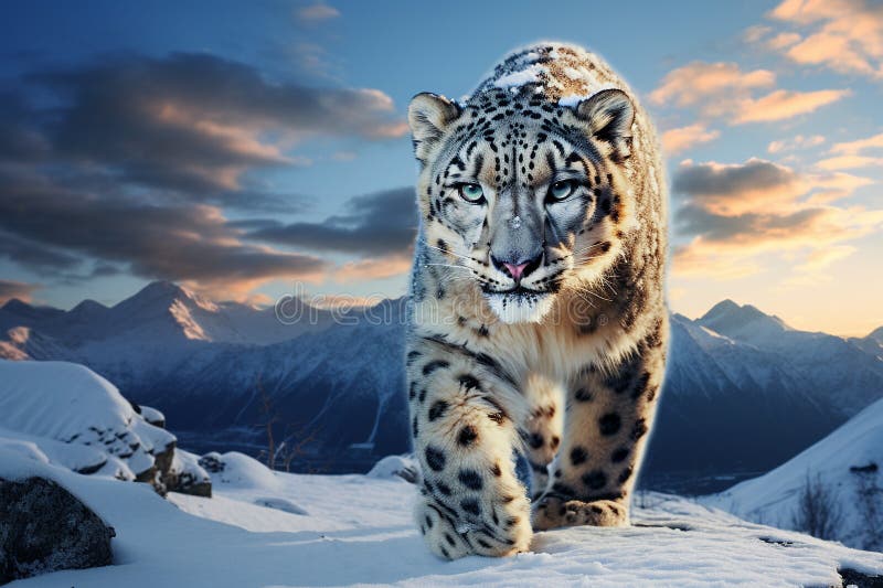 An Elusive Snow Leopard Navigating through a Snowy Mountainscape Under ...