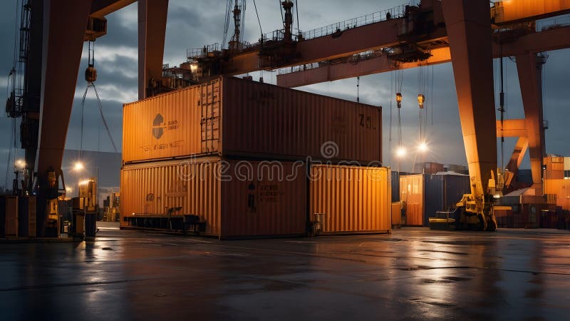 Shipping Containers Stacked in Dark Warehouse at Night Under Lights ...