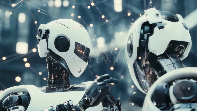 Two Futuristic Humanoid Robots in a Glowing Networked Setting Stock ...