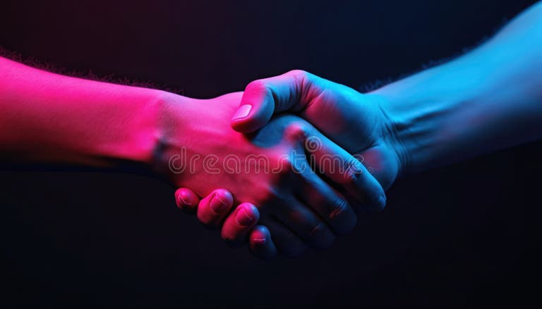 Striking Image of Two Shaking Hands Illuminated by Pink, Blue Vibrant ...