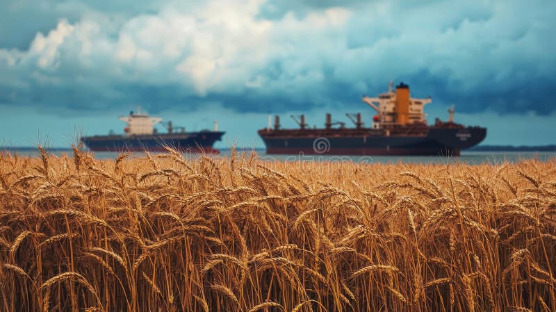 A Striking Image of a Wheat Field in the Foreground with Export Ships ...