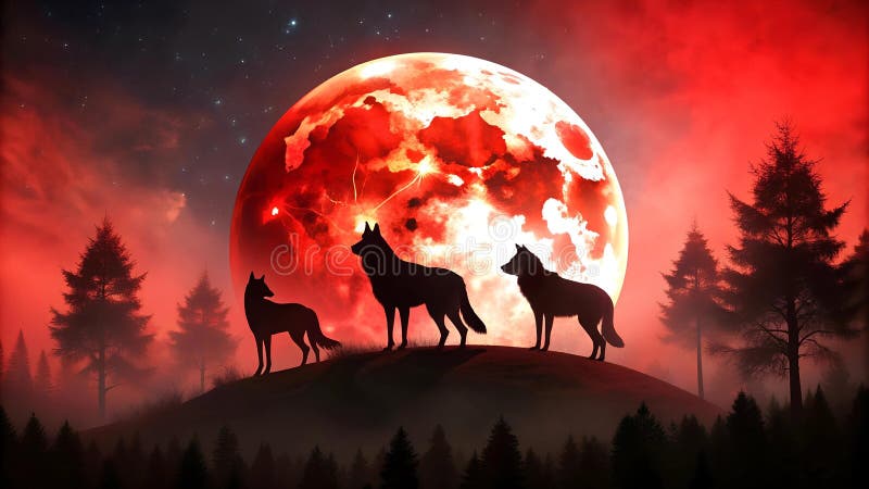 A Striking Image of Wolves Silhouetted Against a Blood Red Moon ...