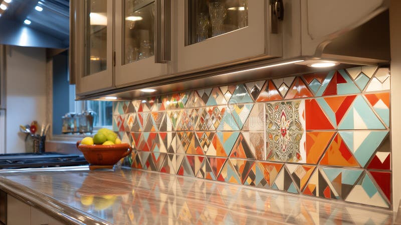 Vibrant Geometric Tile Backsplash in a Modern Kitchen Stock ...