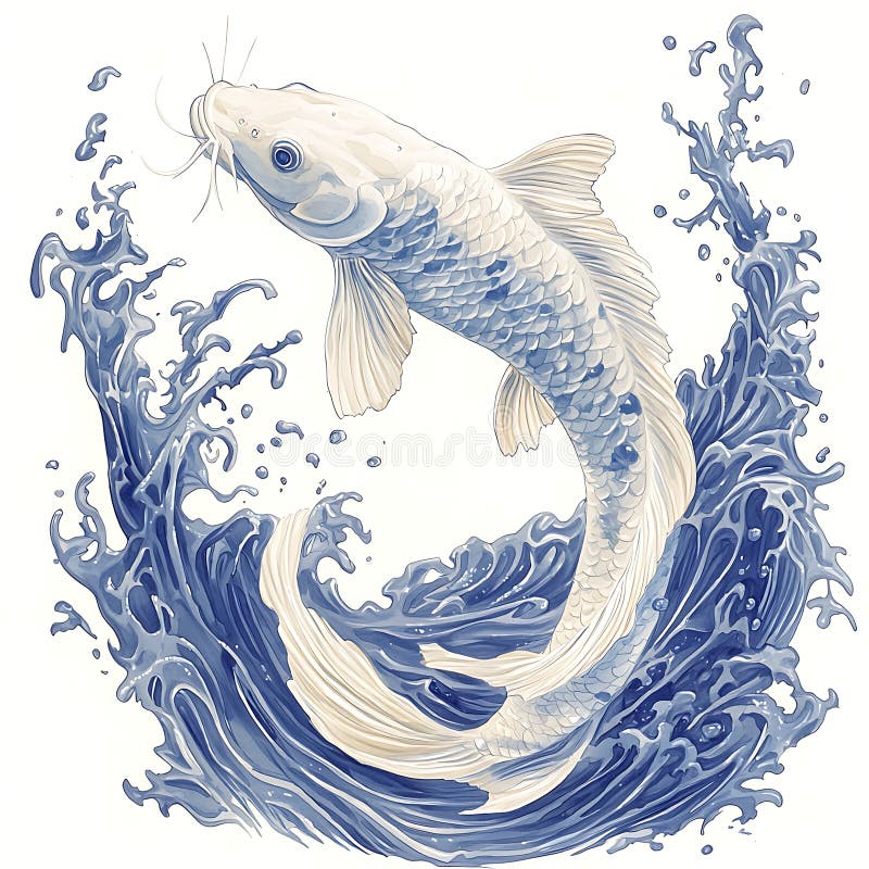A Striking Koi Fish Leaps through Stylized Blue Waves Stock ...
