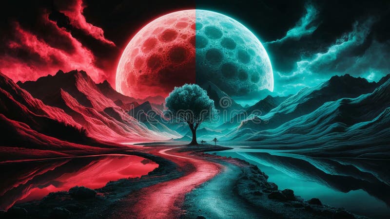 A Landscape with a Large Split Moon Above Mountains and a Path Leading ...