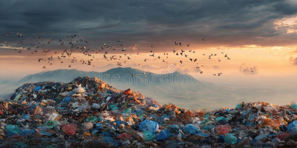 The Striking Landscape of a Plastic Waste Mountain at Sunset AI ...