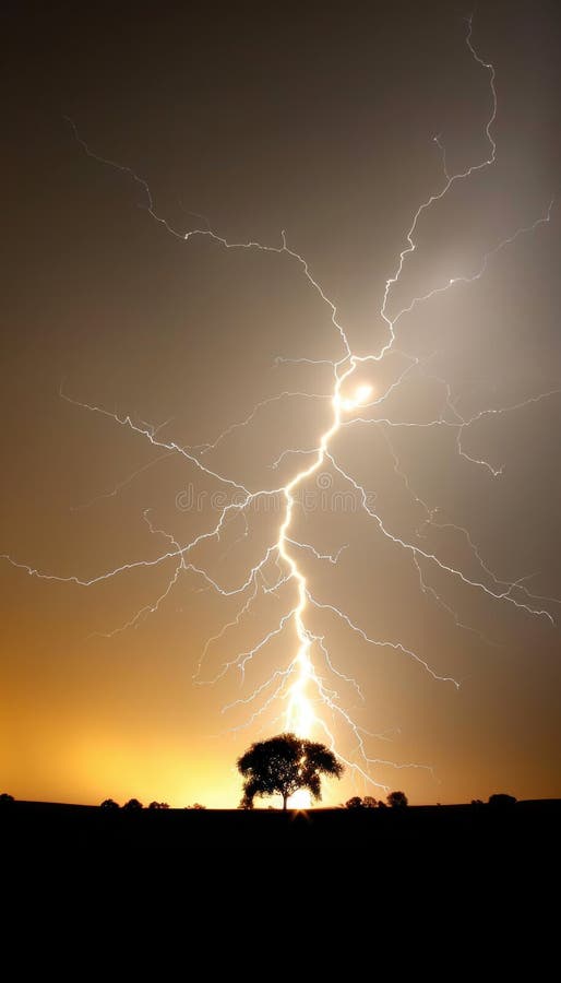 A Striking Lightning Bolt Illuminates the Night Sky Above a Lone Tree ...