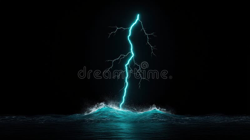 Striking Lightning Illuminates Dark Ocean Waves Against a Black ...