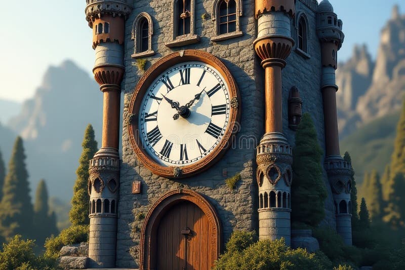 Striking Medieval Castle Clock with Fantasy Design Stock Illustration ...