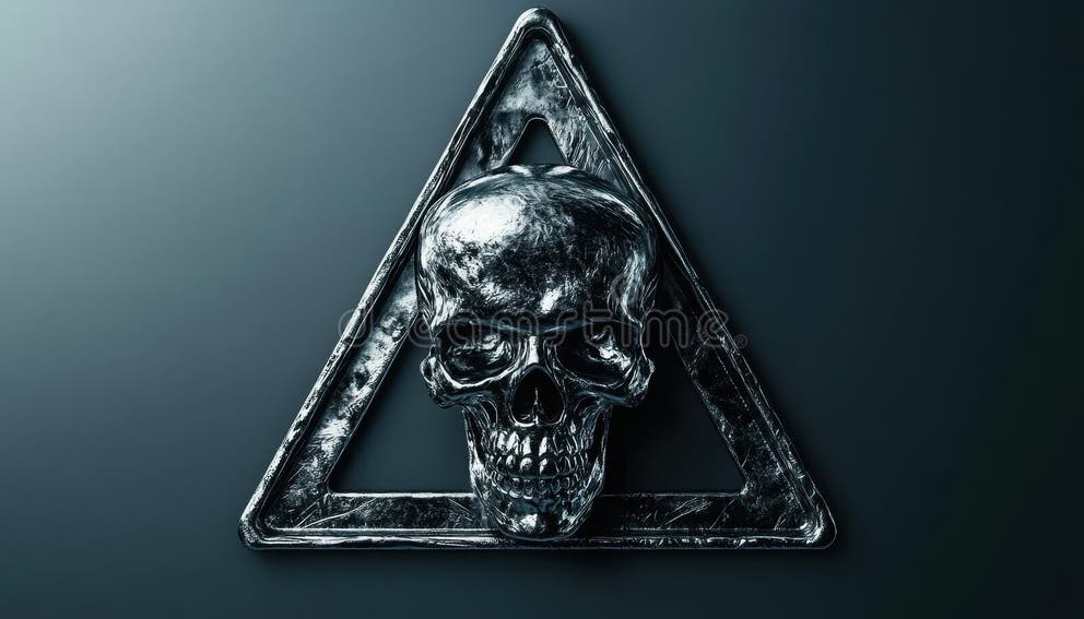 Dark Metallic Skull Design within a Triangular Shape on a Gray ...