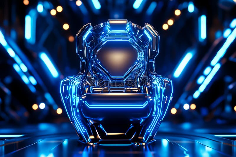 A Striking Metallic Throne Design is Illuminated by Vibrant Blue Lights ...