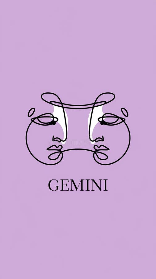 Minimalist Line Drawing of Gemini Faces on Purple Background with Bold ...